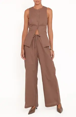 PETAL & PUP Caitlin Button-up Top & Drawstring Pants Set - Brown