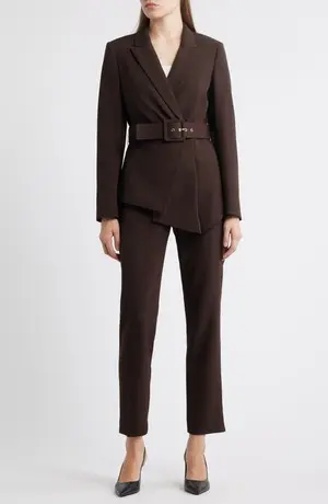 TAHARI ASL Peak Lapel Belted Blazer And Pants Set - Espresso