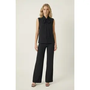 MODENAIRE Sleeveless Tie Neck Blouse And Wide Leg Pant Set - Black