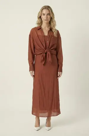MODENAIRE Sheer Layered Two Piece Midi Dress Set - Rust