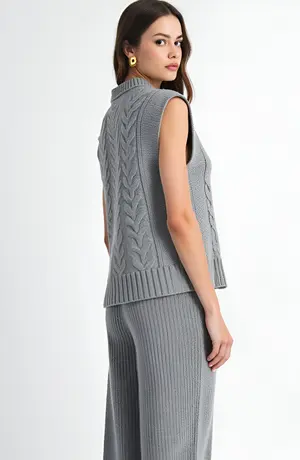 MODENAIRE Cable Knit Cap Sleeve Sweater Vest And Wide Leg Pants Set