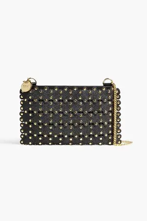 Red Valentino Flower Puzzle Studded Lasercut Glittered Leather Crossbody Bag - Black