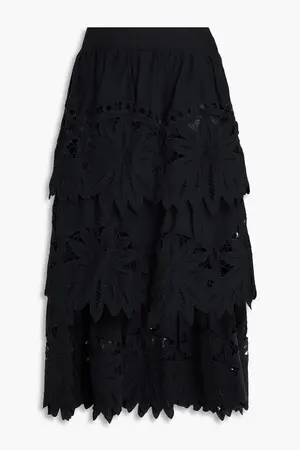 Farm Rio Tiered Cotton And Linenblend Guipure Lace Midi Skirt - Black