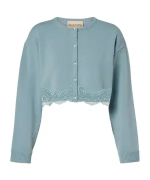 Valentino Garavani Lace-trimmed Cropped Virgin Wool Cardigan - Blue
