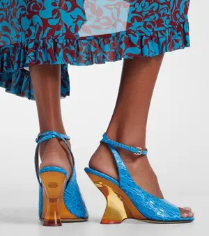 Dries Van Noten Croc-effect Leather Wedge Sandals