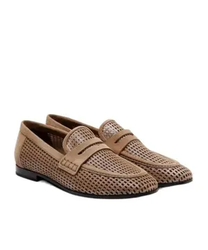 Brunello Cucinelli Perforated Suede-trimmed Leather Penny Loafers - Brown