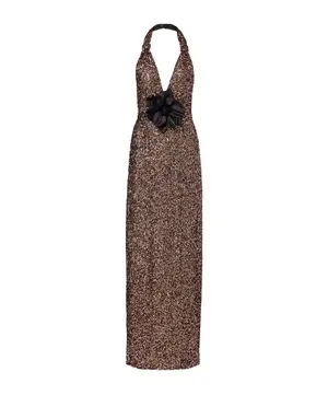 Dolce & Gabbana Floral-appliqué Sequined Halterneck Gown - Brown