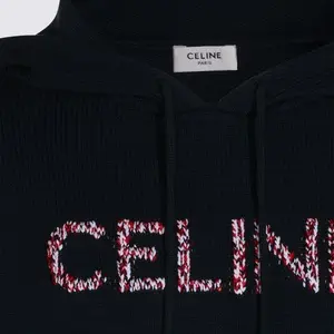 Celine Ribbed Cotton Hooded Sweater With Embroidered Logo - Navy
