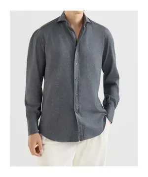 Brunello Cucinelli Stretch Cotton Chevron Flannel Shirt With Spread Collar