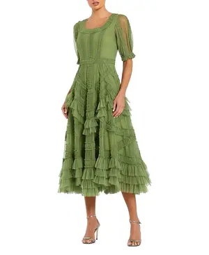 Mac Duggal Petite Short Sleeve Mesh Ruffle Midi Dress
