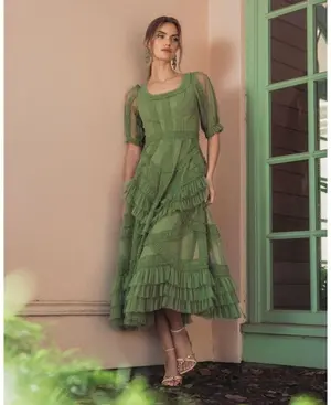 Mac Duggal Petite Short Sleeve Mesh Ruffle Midi Dress