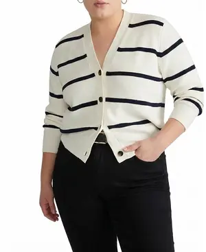Universal Standard Plus Better-than-wool Cardigan - White/navy Stripe