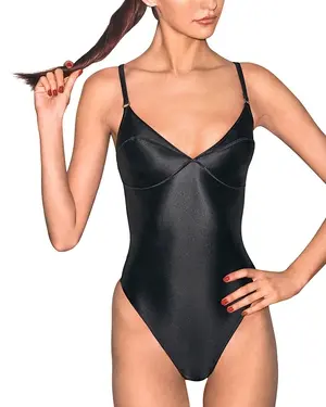 FLEUR DU MAL Le Stretch Gloss Thong Bodysuit - Black