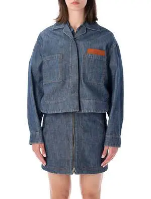Fendi Cotton Utility Jacket With Logo Patch - Blu