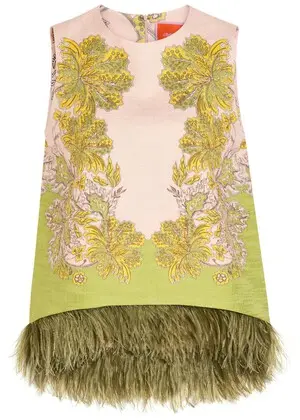 La DoubleJ La Scala Feather-trim Woven Top - Pink