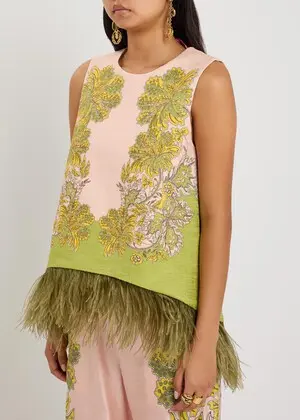 La DoubleJ La Scala Feather-trim Woven Top