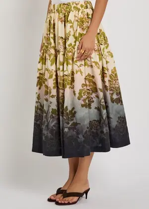 La DoubleJ Floral Print Linen Midi Skirt - Black
