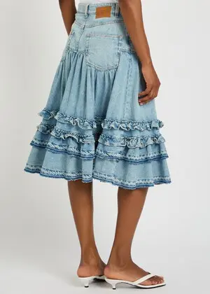 GANNI Frill Tiered Denim Midi Skirt