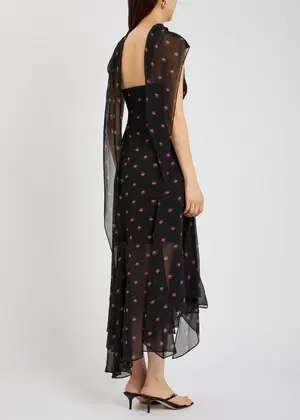 LIBEROWE Aubrey Floral-print Asymmetrical Silk Midi Dress - Black
