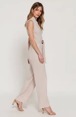 MODENAIRE Sleeveless Ribbed Knit Belted Top And Wide-leg Pants Set