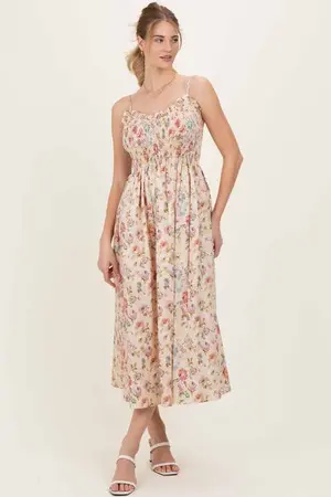PINKBLUSH Floral Smocked Ruffle Detail Midi Dress
