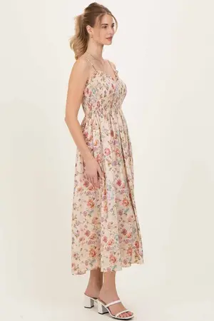 PINKBLUSH Floral Smocked Ruffle Detail Midi Dress