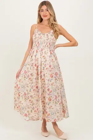 PINKBLUSH Floral Smocked Ruffle Detail Midi Dress - Cream