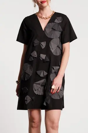 FRANCES VALENTINE Origami Flower V-neck Short Sleeve Dress - Black