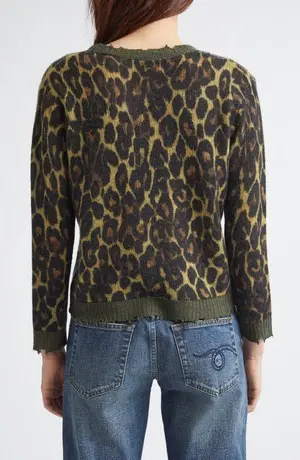 R13 Distressed Leopard Print Cashmere Crewneck Sweater