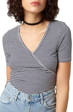 Topshop Stripe Surplice Jersey Bodysuit
