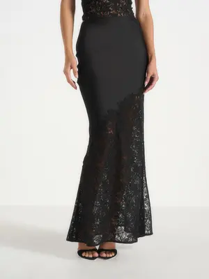 Manière De Voir Satin Lace Maxi Skirt With Pearl Edging - Black