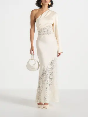 Manière De Voir Satin Lace Maxi Skirt With Pearl Edging - Champagne
