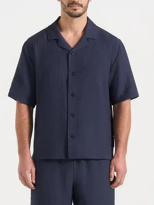 Manière De Voir Harley Textured Revere Shirt - Navy