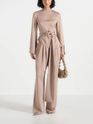 Manière De Voir High Neck Pleated Wide-leg Jumpsuit With Wrap Waist - Beige
