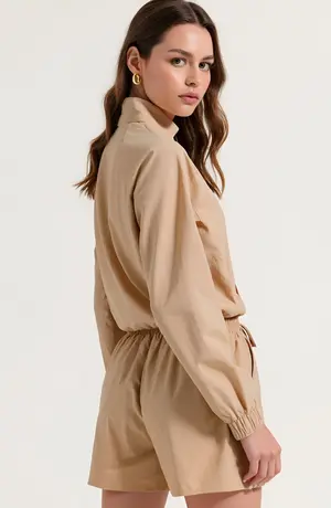 MODENAIRE Cropped Zip Front Jacket And High Waist Drawstring Shorts Set