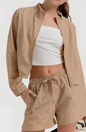 MODENAIRE Cropped Zip Front Jacket And High Waist Drawstring Shorts Set