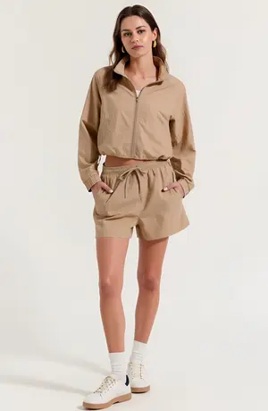 MODENAIRE Cropped Zip Front Jacket And High Waist Drawstring Shorts Set