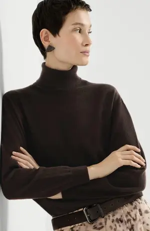 Brunello Cucinelli Cashmere Turtleneck Sweater With Monili - Coffee