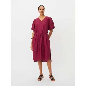 MASAI COPENHAGEN Linen V-neck Puff Sleeve Belted Dress - Beet Red