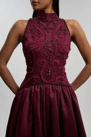 Karen Millen Embellished Taffeta High Neck Fit & Flare Dress