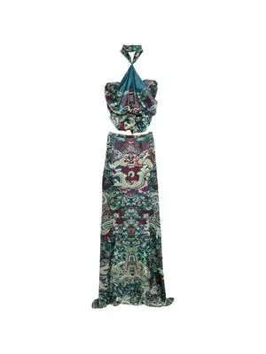 Saint Laurent Dragon-print Halterneck Dress - Blue
