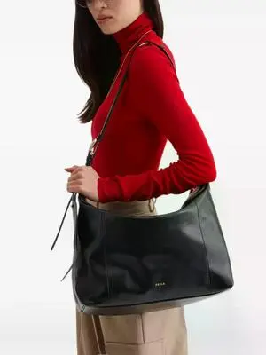 Furla Leather Shoulder Bag With Logo Print And Gold-tone Hardware - Black