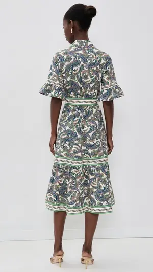 Shoshanna Alix Paisley Print Cotton Midi Dress With Ruffled Cuffs