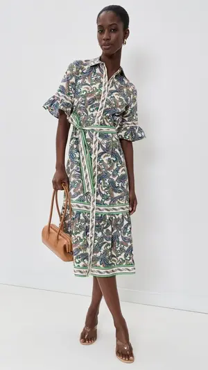 Shoshanna Alix Paisley Print Cotton Midi Dress With Ruffled Cuffs