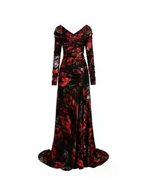 Dolce & Gabbana Floral-print Draped Maxi Gown - Black