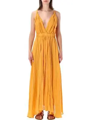 120% Lino Maxi Dress With V-neck And Open Back