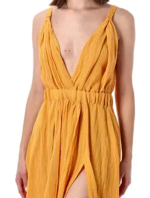 120% Lino Maxi Dress With V-neck And Open Back