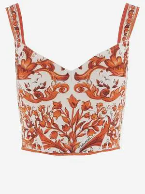 Dolce & Gabbana Stretch Silk Blend Bustier Top With Majolica Print - Multi