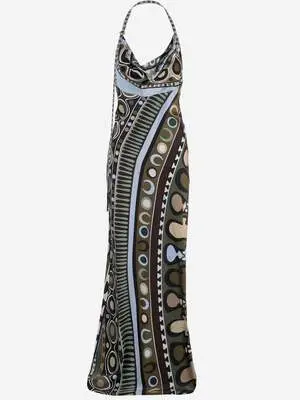 Emilio Pucci Long Silk And Viscose Dress With All Over Print - Multi