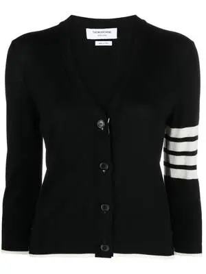 Thom Browne Relaxed Fit V Neck Cardigan W/ 4 Bar Stripe In Fine Merino Wool W/ Tipping - Black
